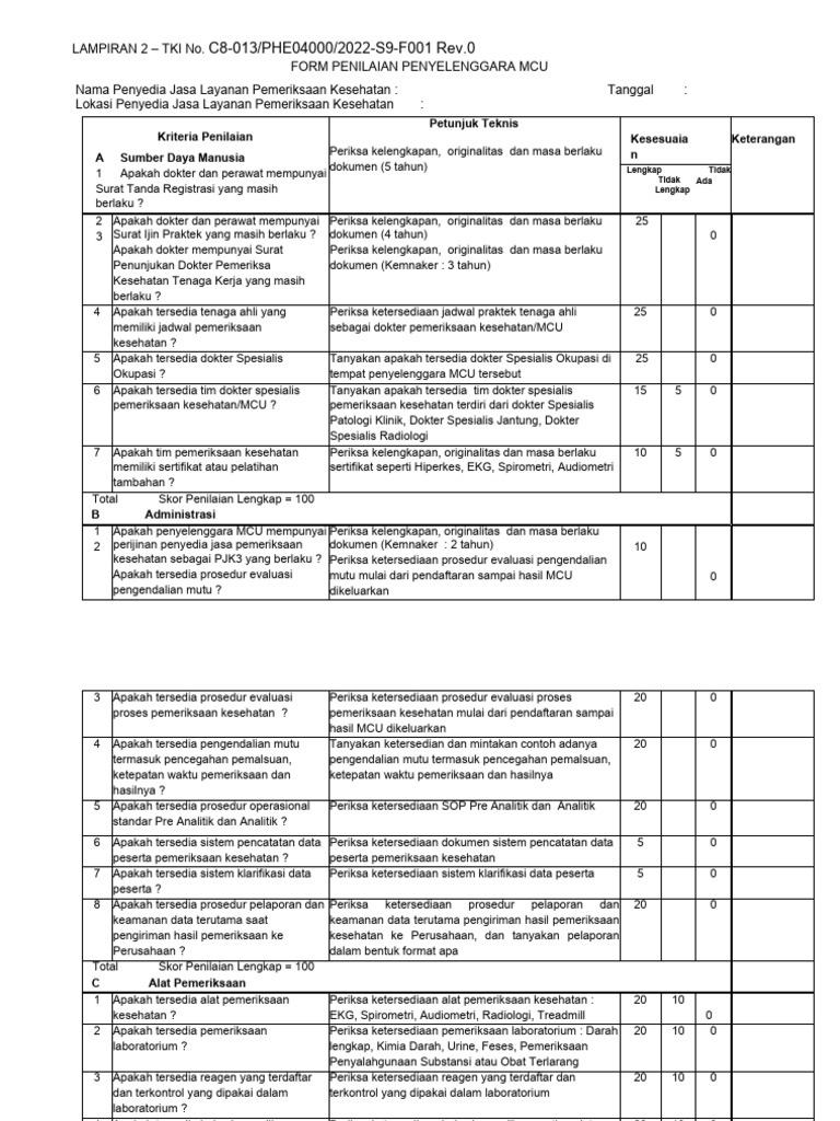 Form Penilaian Penyelenggara Medical Check Up (MCU) | PDF | Sains ...