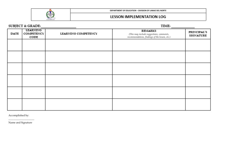 Lesson Implementation Log Template | PDF