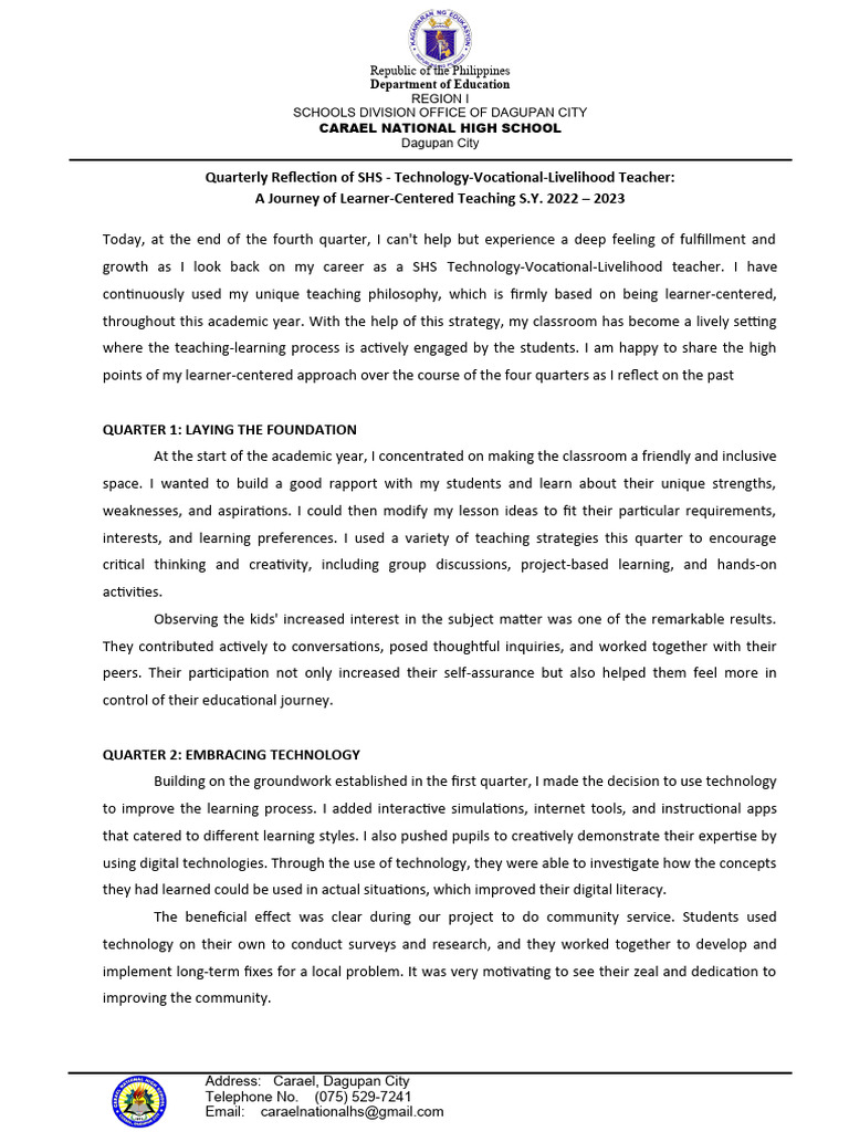 Quarterly Reflection of Secondary Technology and Livelihood Education ...