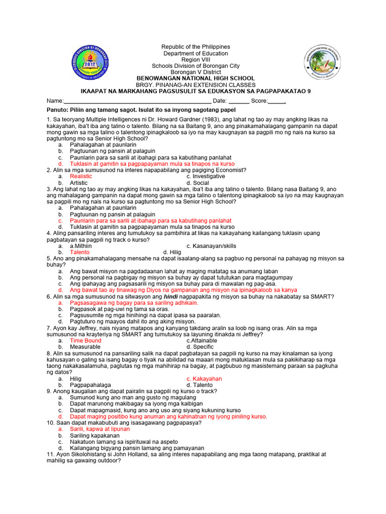 G9 - TQ With Answers Key | PDF