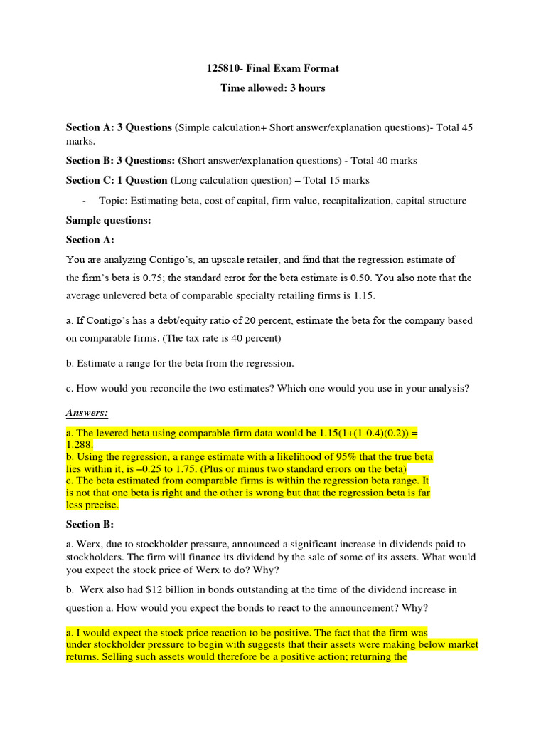 Final Exam Format and Sample Questions | PDF | Beta (Finance) | Equity ...