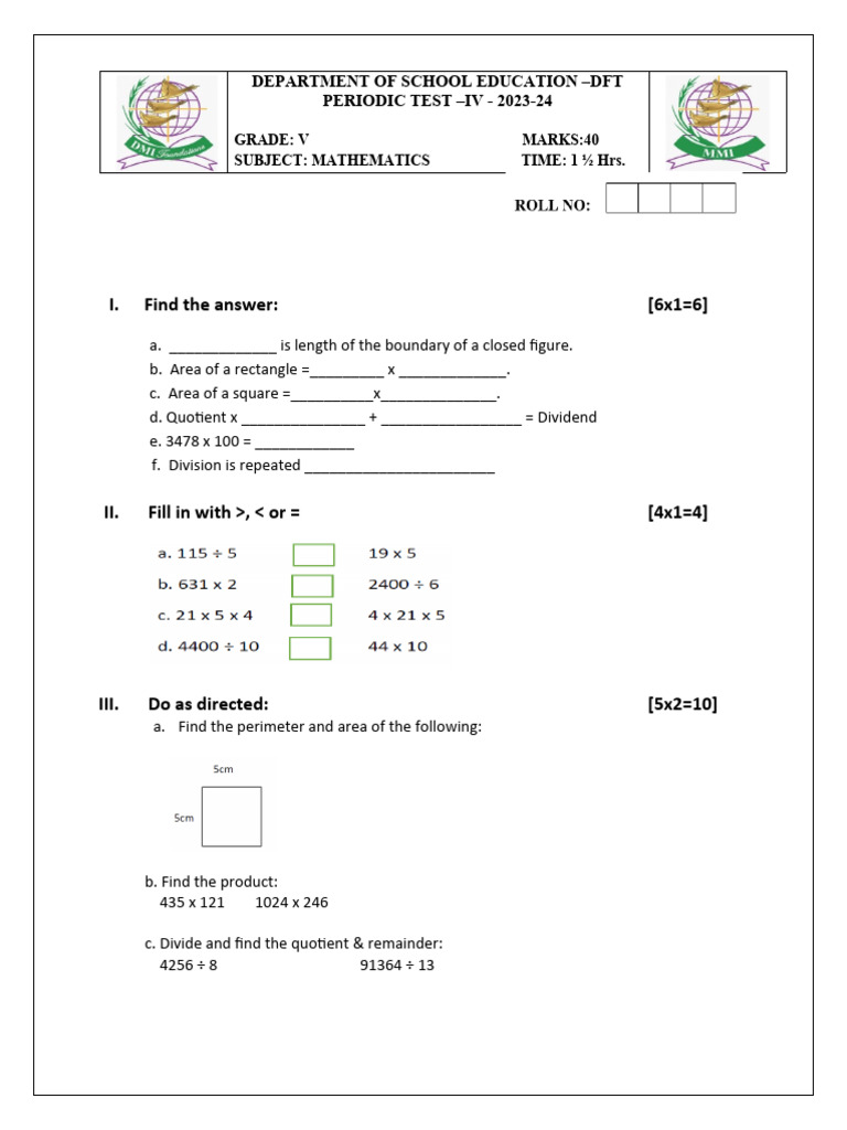 Class V - Maths - Periodic Test - IV | PDF | Mathematics | Elementary ...
