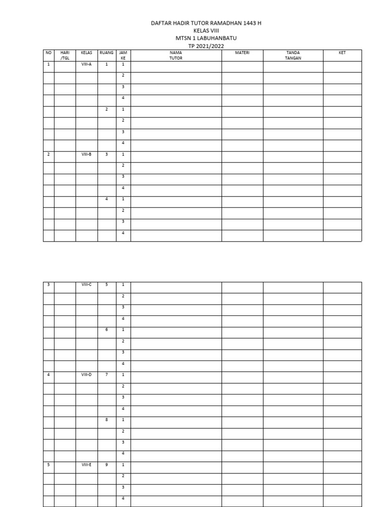 Absen Ramadhan Tutor KLS 8 2022 | PDF
