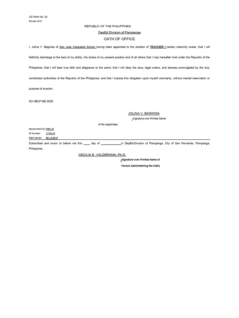 CS Form No. 32 Oath of Office | PDF