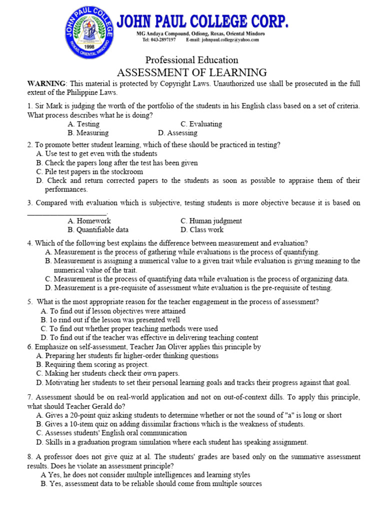 assessment of learning | PDF | Educational Assessment | Rubric (Academic)