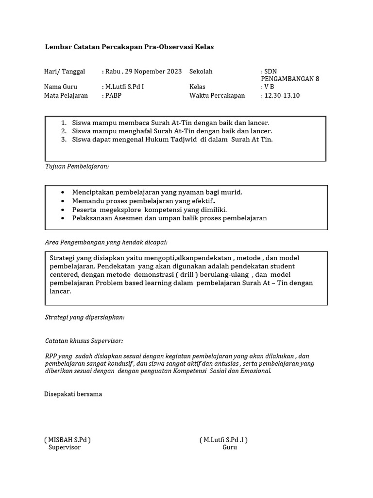 Lembar Catatan Percakapan Pra Observasi (Misbah) | PDF | Karier & Perkembangan