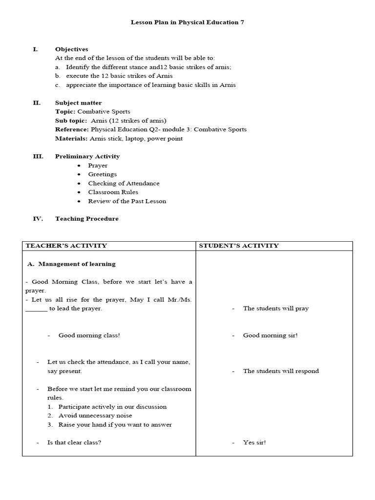 Detailed Lesson Plan in Arnis 7. | PDF | Language Arts & Discipline