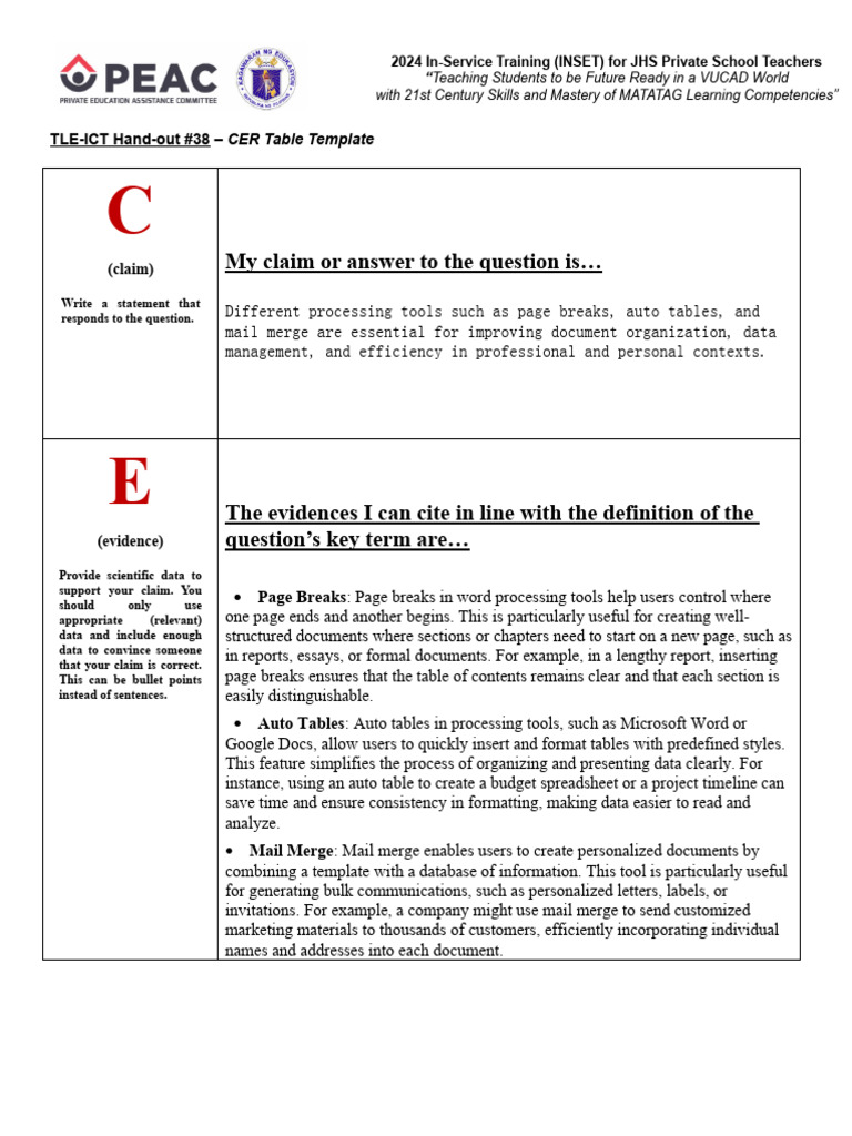 TLE-ICT - CER Table Template | PDF | Data | Document