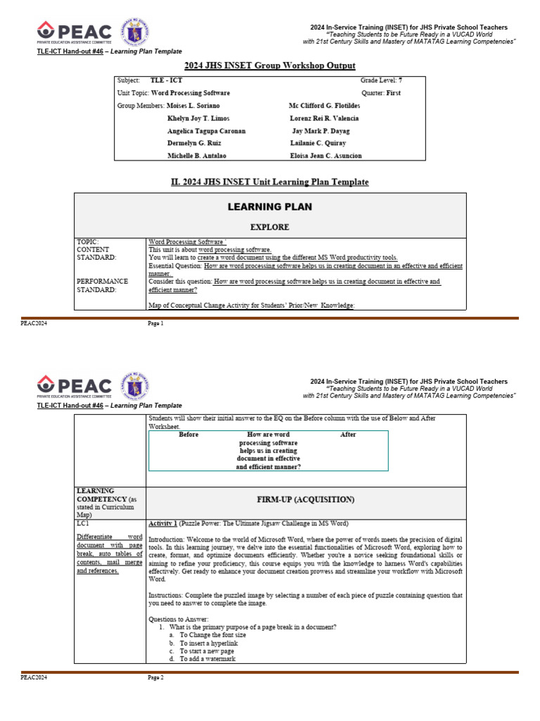 TLE-ICT - Learning Plan Template | PDF | Educational Technology | Creativity