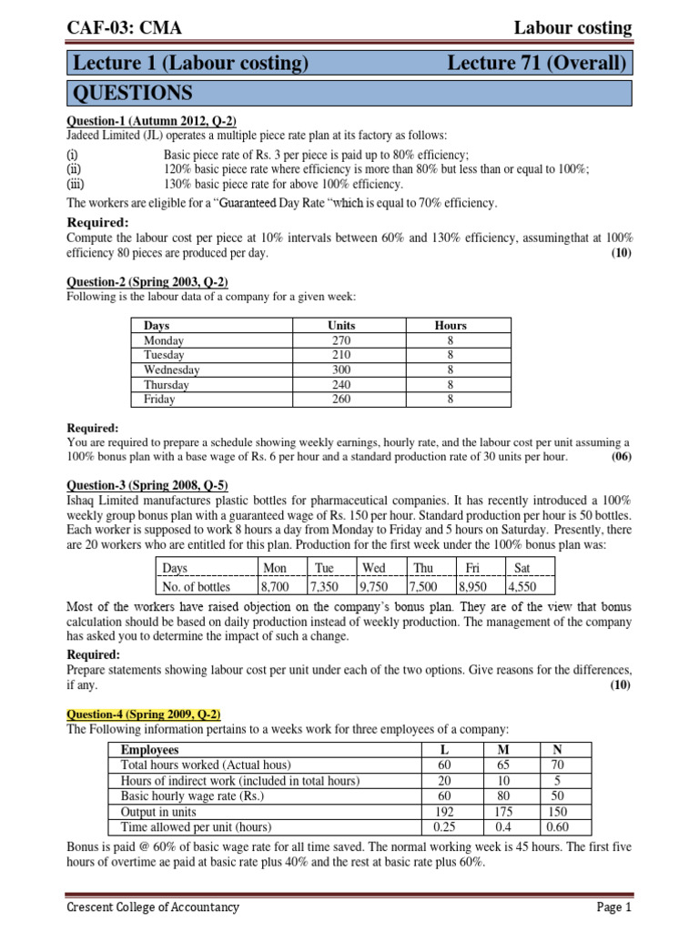 Labour Costing (Past Paper & Solution) | PDF | Payroll Tax | Labour Economics