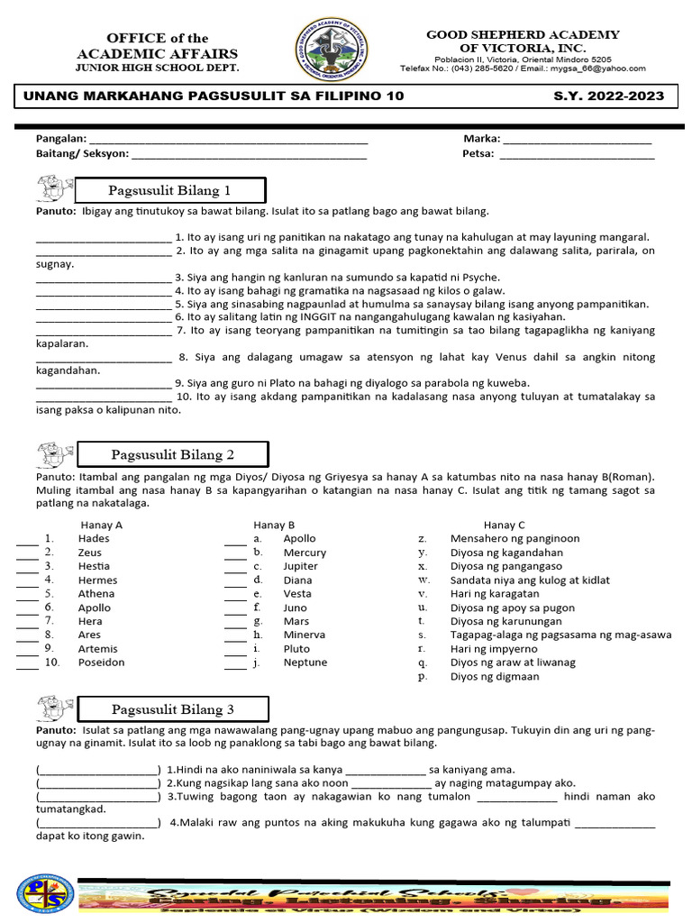 MAHABANG PAGSUSULIT SA Filipino 101ST QUARTER | PDF