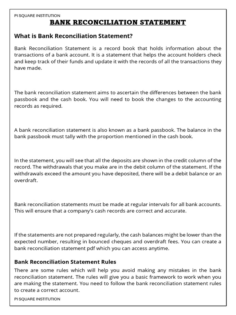 Bank Reconciliation Statement | PDF | Cheque | Banks Bank Reconciliation Statement | PDF | Cheque | Banks