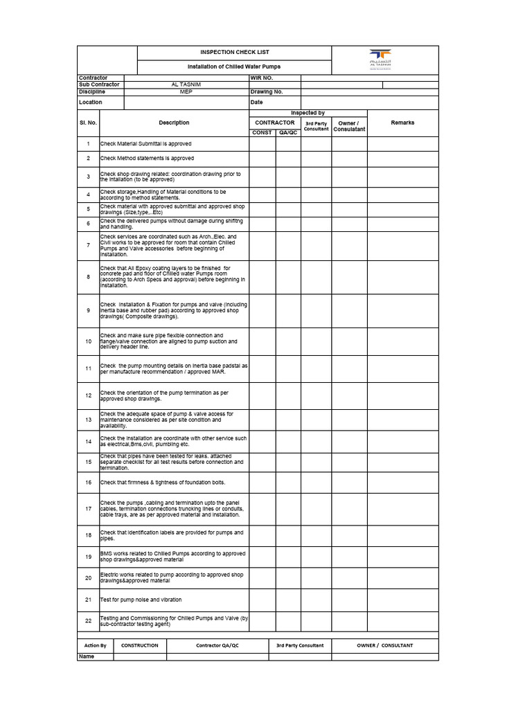 Checklist For Chilled Water Pump Installation | PDF | Pump | Pipe ...