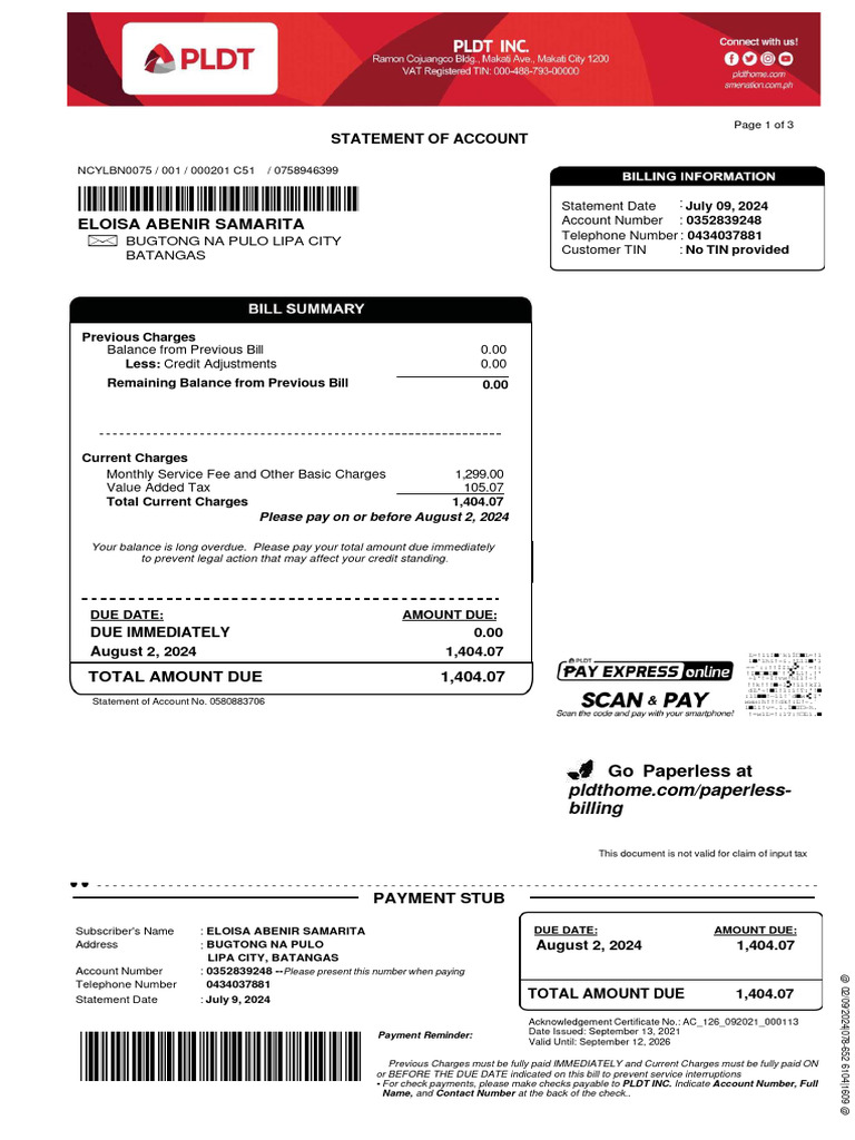 Eloisa Proof of Billing | PDF | Cheque | Credit Card