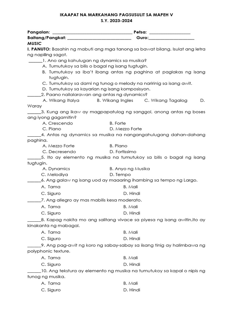 Fourth Quarter PT - Mapeh 5 | PDF