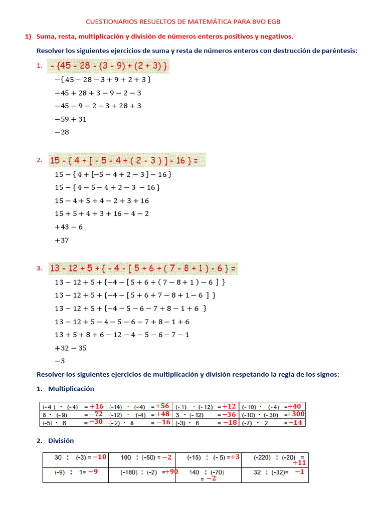 Matemáticas 8vo EGB: Ejercicios Resueltos | PDF | Entero | Aritmética