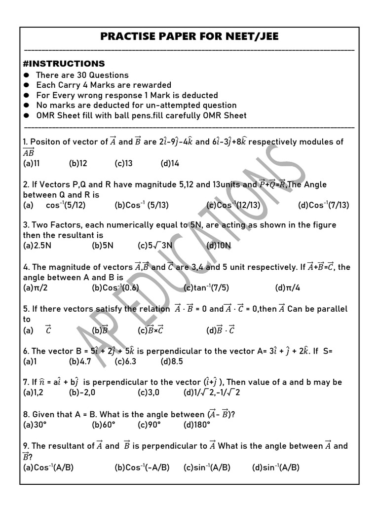 Practise Paper for Neet | PDF | Euclidean Vector | Angle