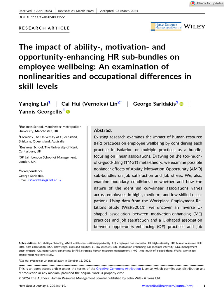Human Res MGMT Journal - 2024 - Lai - The Impact of Ability Motivation ...