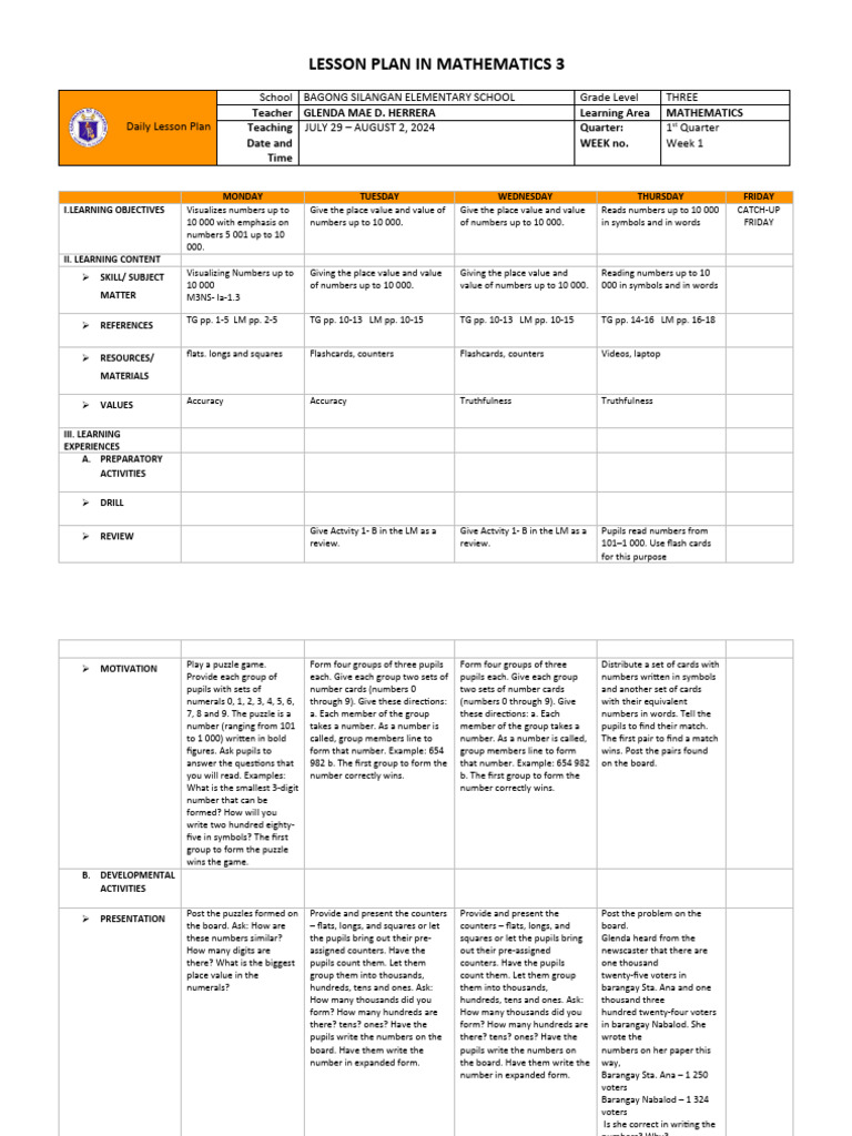 Grade 3 Math Lesson Plan: Numbers 10,000 | PDF | Lesson Plan ...