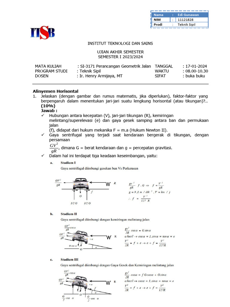 Jawaban UAS - Geometrik Jalan - Edi Gunawan - 11121828 | PDF