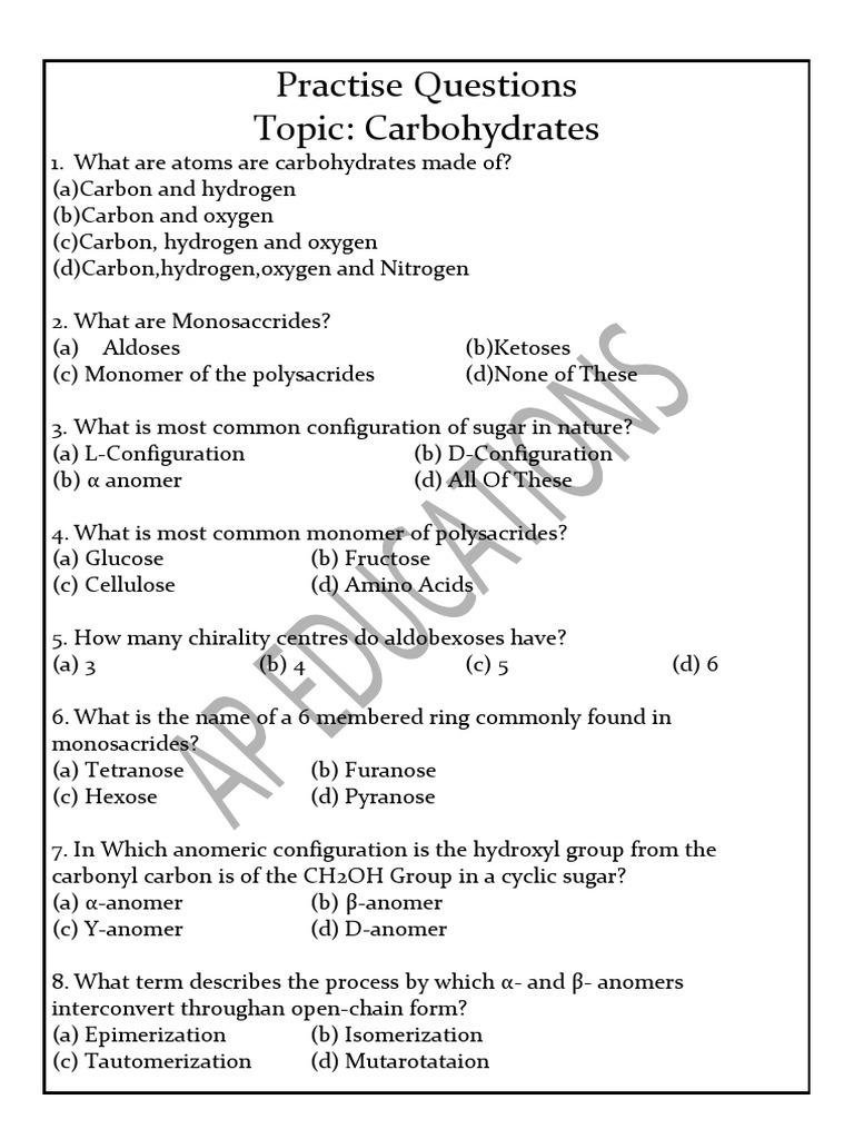 Practise Questions Carbohydrates | PDF