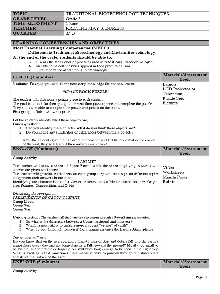 7E Lesson Plan Demo - COT2 | PDF | Meteoroid | Planetary Science