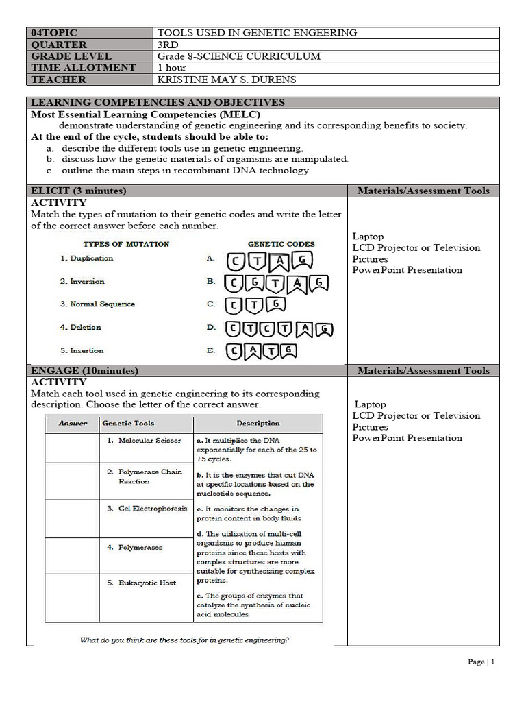 7E Lesson Plan - RPMS-Q3 - Biotech | PDF | Gene Therapy | Genetic ...