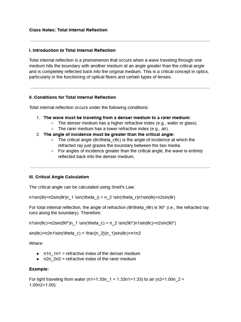 Class Notes_ Total Internal Reflection | PDF | Reflection (Physics ...