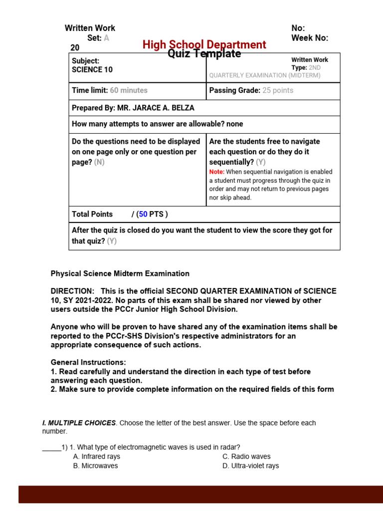 Science 10 2nd Quarter Examination | PDF | Electromagnetic Spectrum ...