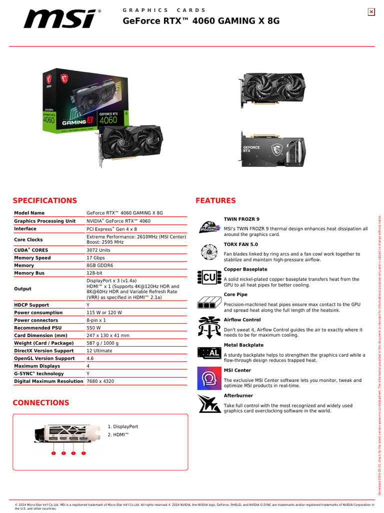 GeForce RTX 4060 GAMING X 8G | PDF | Hdmi | Graphics Processing Unit