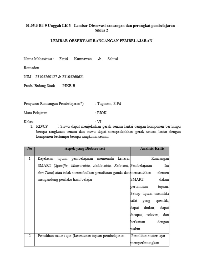 01.05.6-B4-9 Unggah LK 3 - Lembar Observasi Rancangan Dan Perangkat Pembelajaran - Siklus 2 | PDF