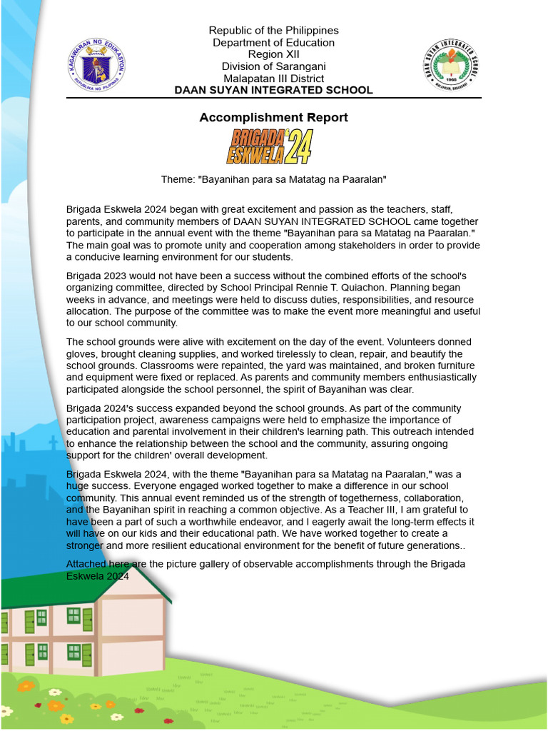 Brigada Eskwela 2024 Narrative Report and Documentation | PDF | Teachers | Cognition