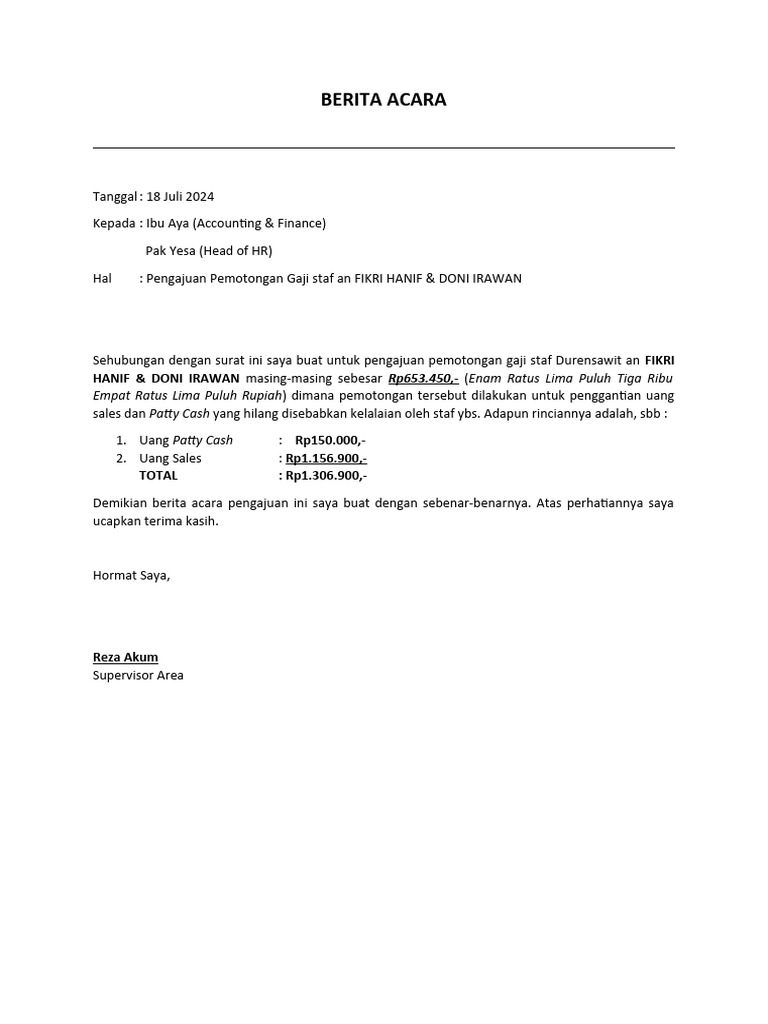 Berita Acara Pengajuan Pemotongan Gaji Rafly Rinaldi | PDF