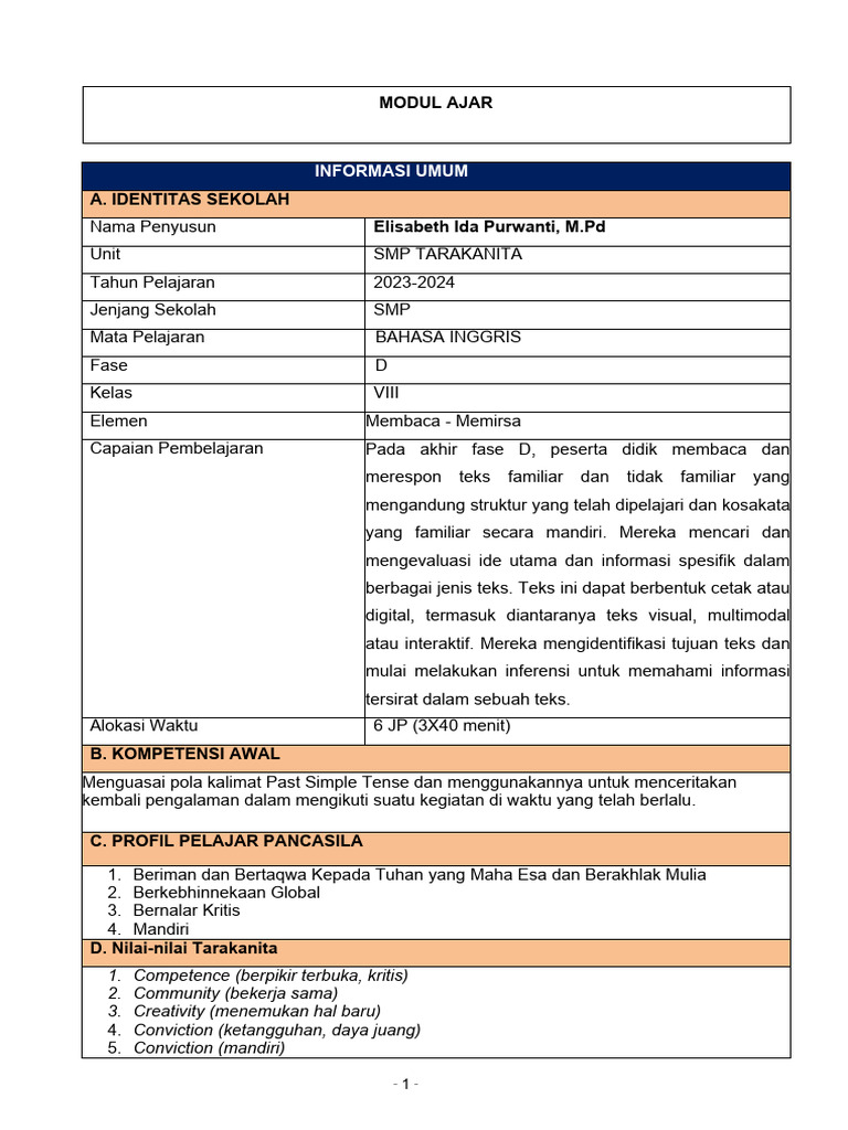 Modul Ajar Kelas 8 Chapter 1 Unit 2 | PDF