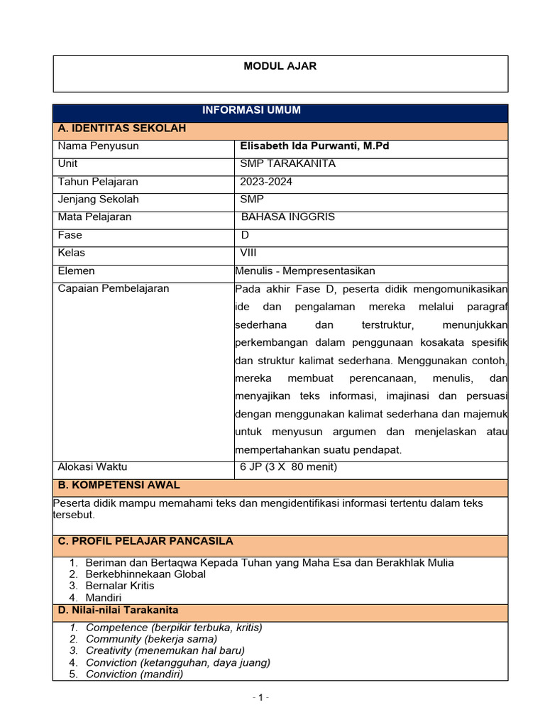 Modul Ajar Kelas 8 Chapter 1 Unit 3 | PDF