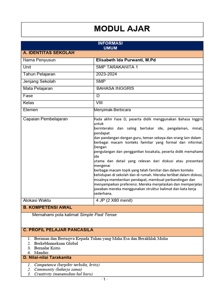 Modul Ajar 8 Chapter 2 Unit 1 | PDF | Karier & Perkembangan | Kajian Bahasa Asing