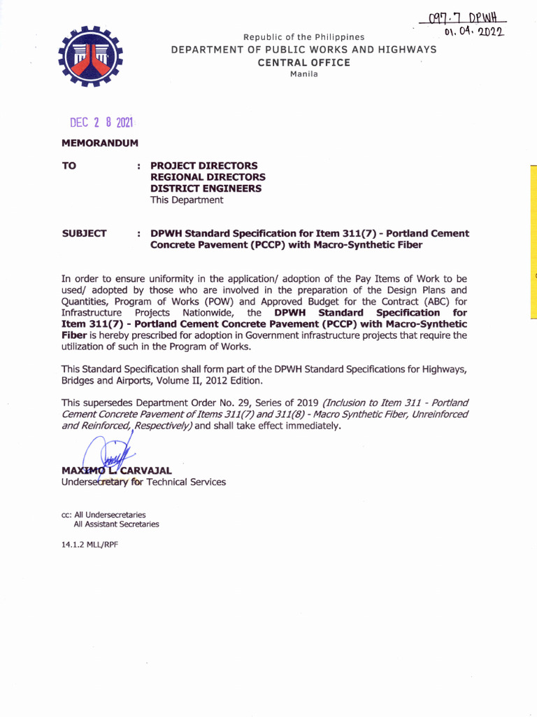 Memo 097.7 - 122821 - DPWH Standard Specification For Item 311 POrtland ...