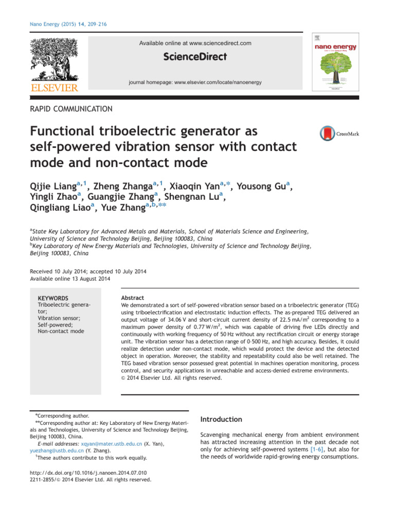Functional triboelectric generator as self-powered vibration sensor with contact mode and non ...