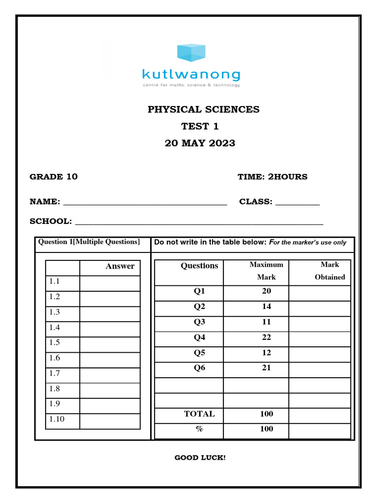 Grade 10 Physical Sciences Test 1 (20 May 2023) | PDF | Ionization | Ion