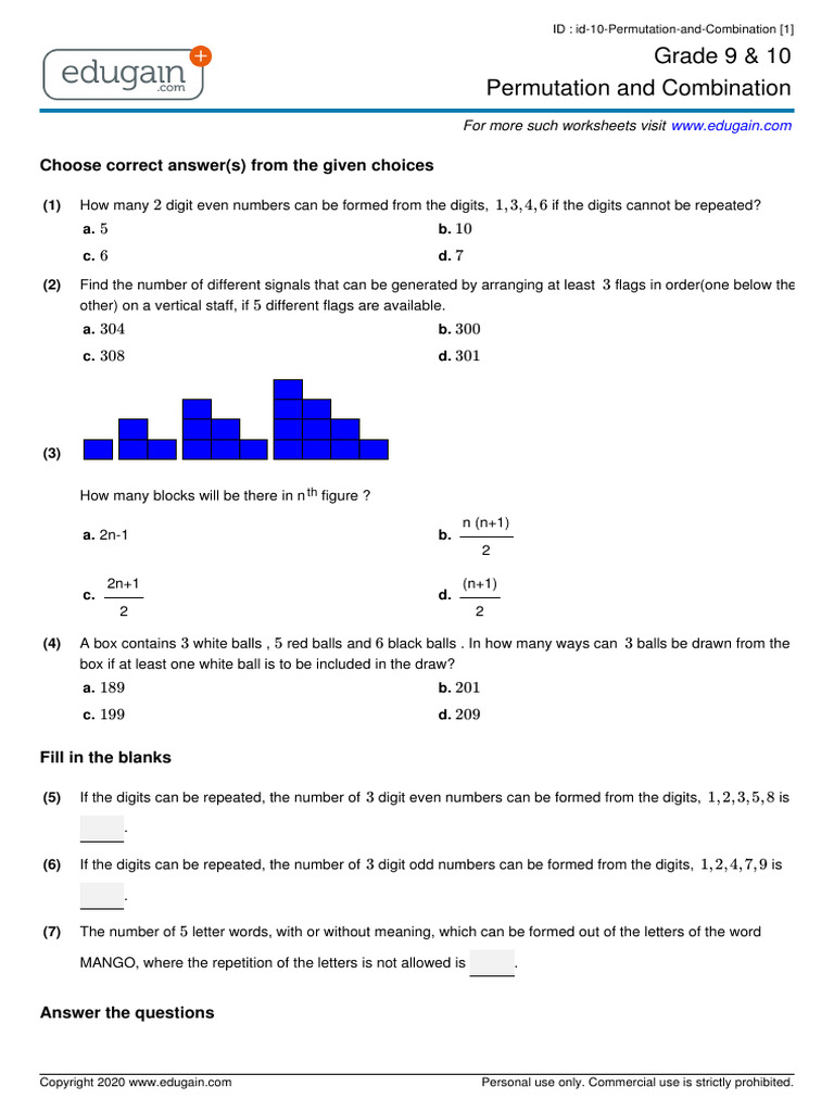 Grade 10 Permutation and Combination Id | PDF | Vowel | Numbers