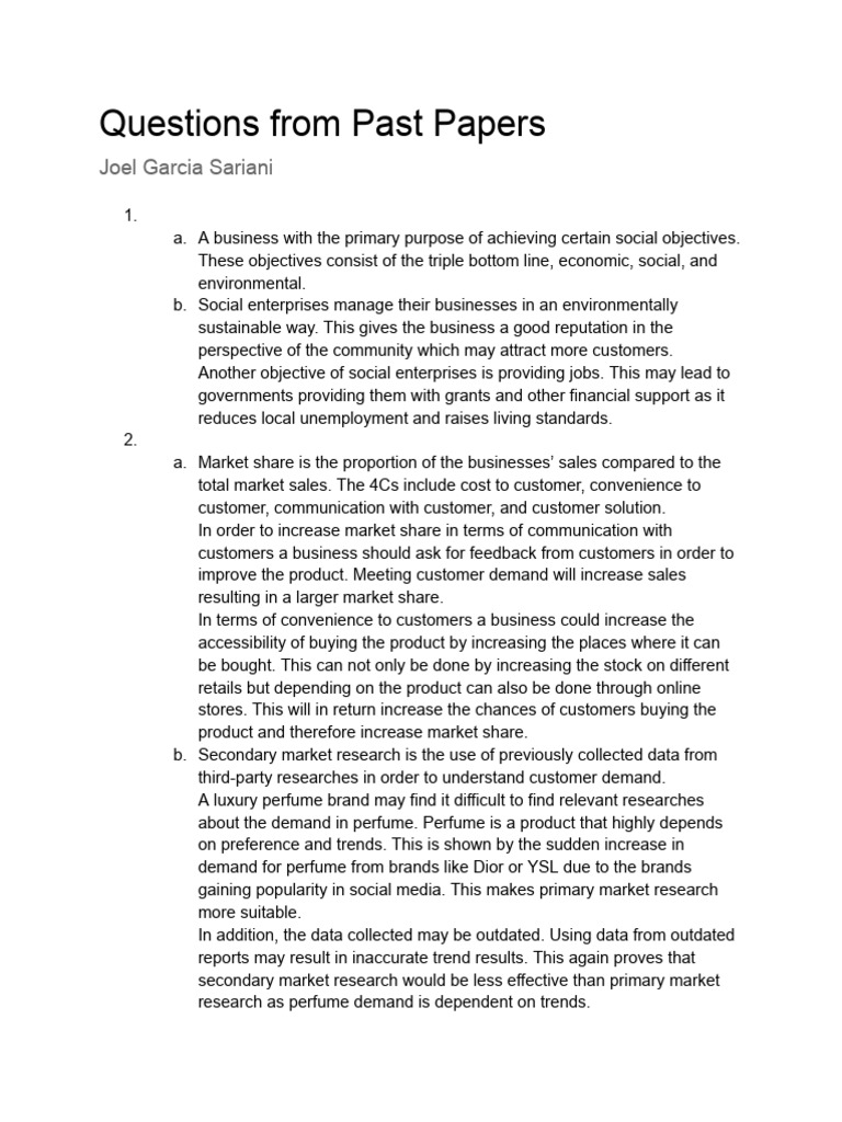 Business - Questions From Past Papers | PDF | Supply Chain | Brand