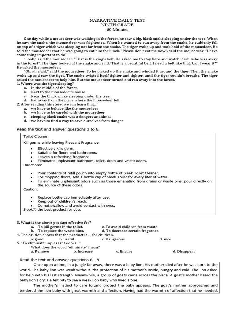 Ninth Grade Narrative Test Questions | PDF | Goat | Lion