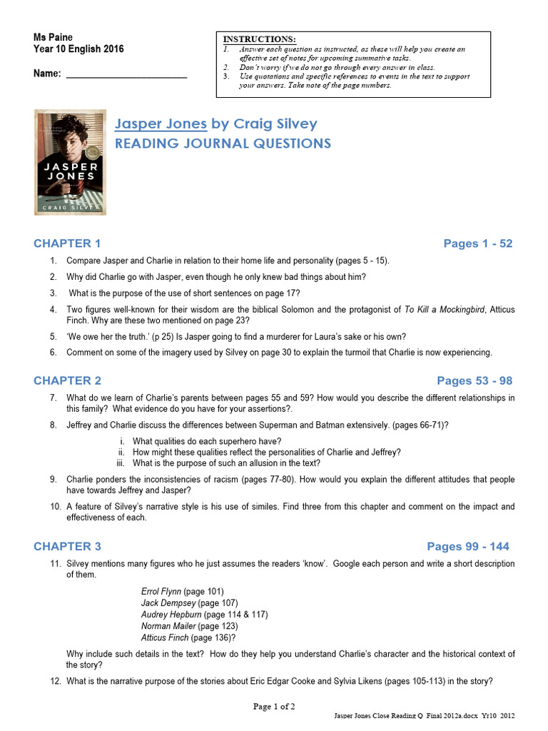 Jasper Jones Close Reading Questions | PDF