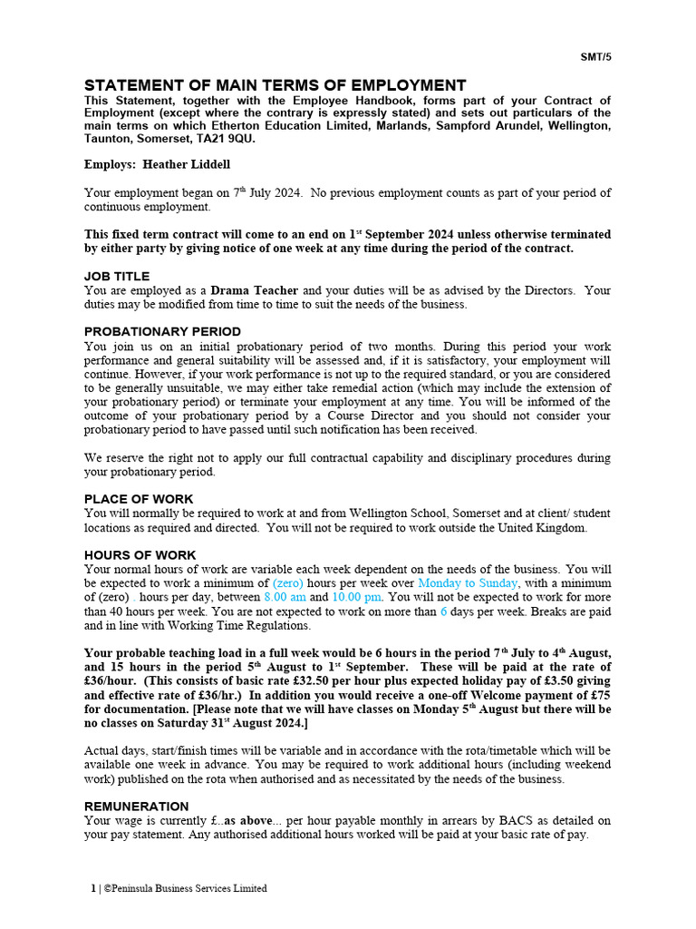 Liddell, Heather - Unsigned Contract | PDF | Employment | Workweek And ...