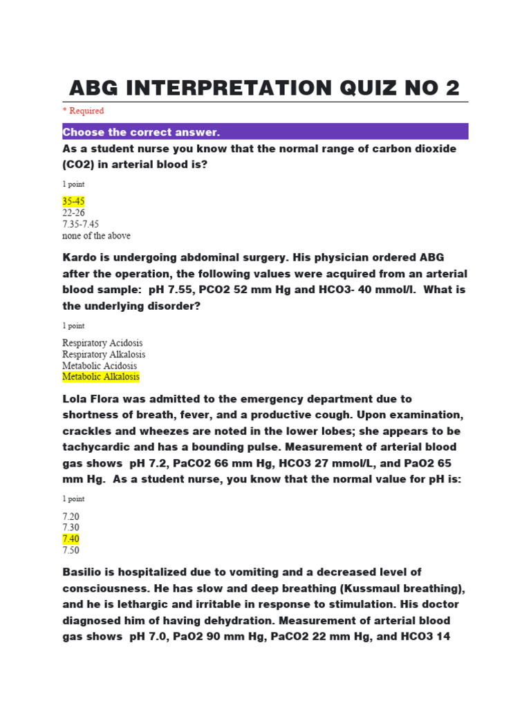 ABG-INTERPRETATION-QUIZ-NO-2 | PDF | Breathing | Medical Specialties