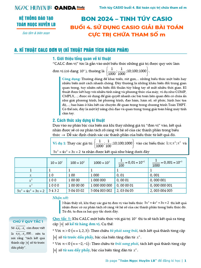 (Ngọc Huyền LB) Tinh Túy CASIO - Buổi 4. Sử Dụng Casio Giải Bài Toán Cực Trị Chứa Tham Số m | PDF