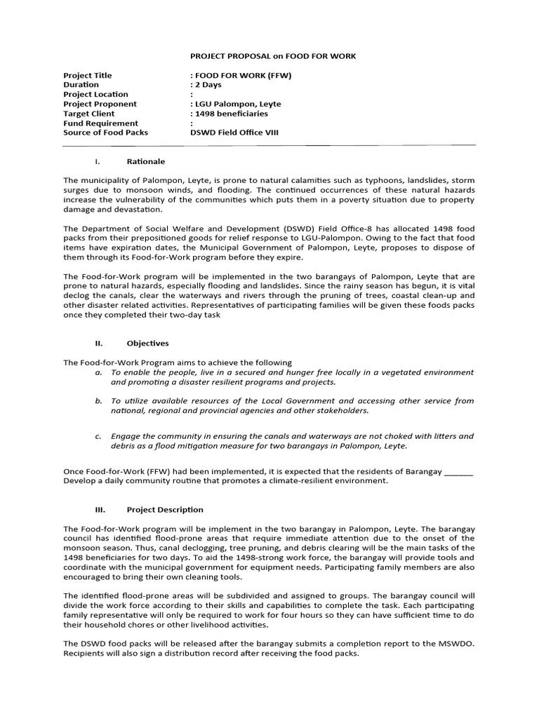 PROJECT PROPOSAL On FOOD FOR WORK | PDF | Natural Disasters | Flood