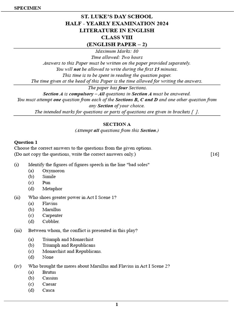 Literature in English Class Viii Icse Question Paper | PDF | Poetry