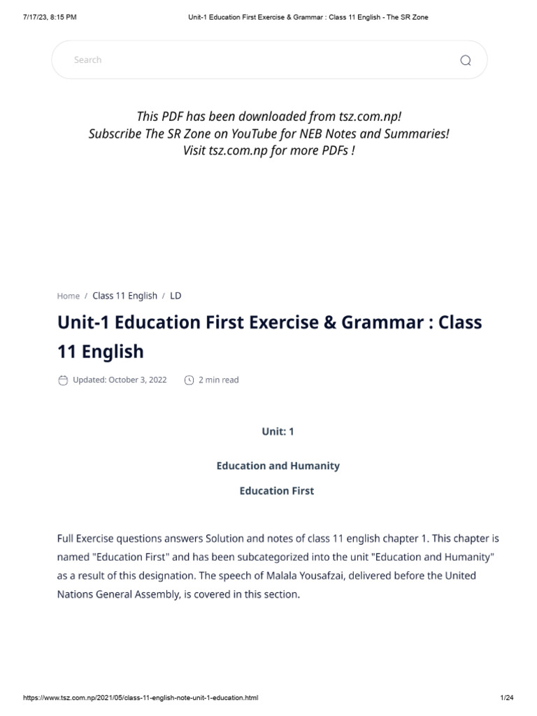 Unit-1 Education First Exercise & Grammar _ Class 11 English - The SR ...