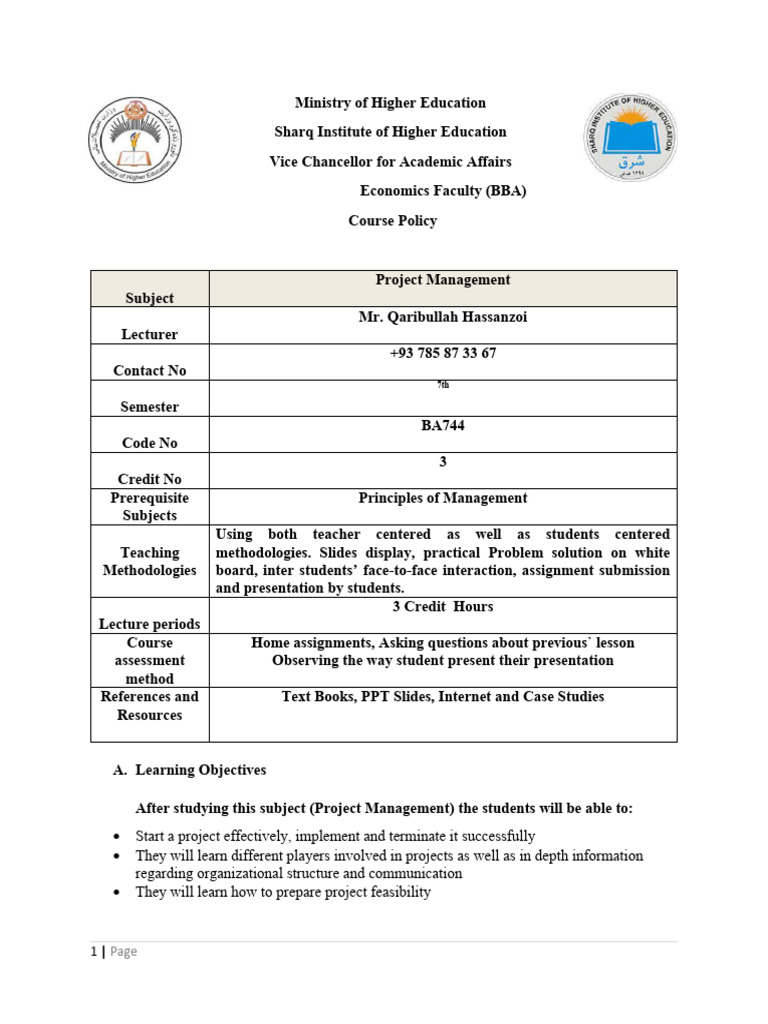 Course Policy (Project Management) | PDF | Capital Budgeting | Internal ...